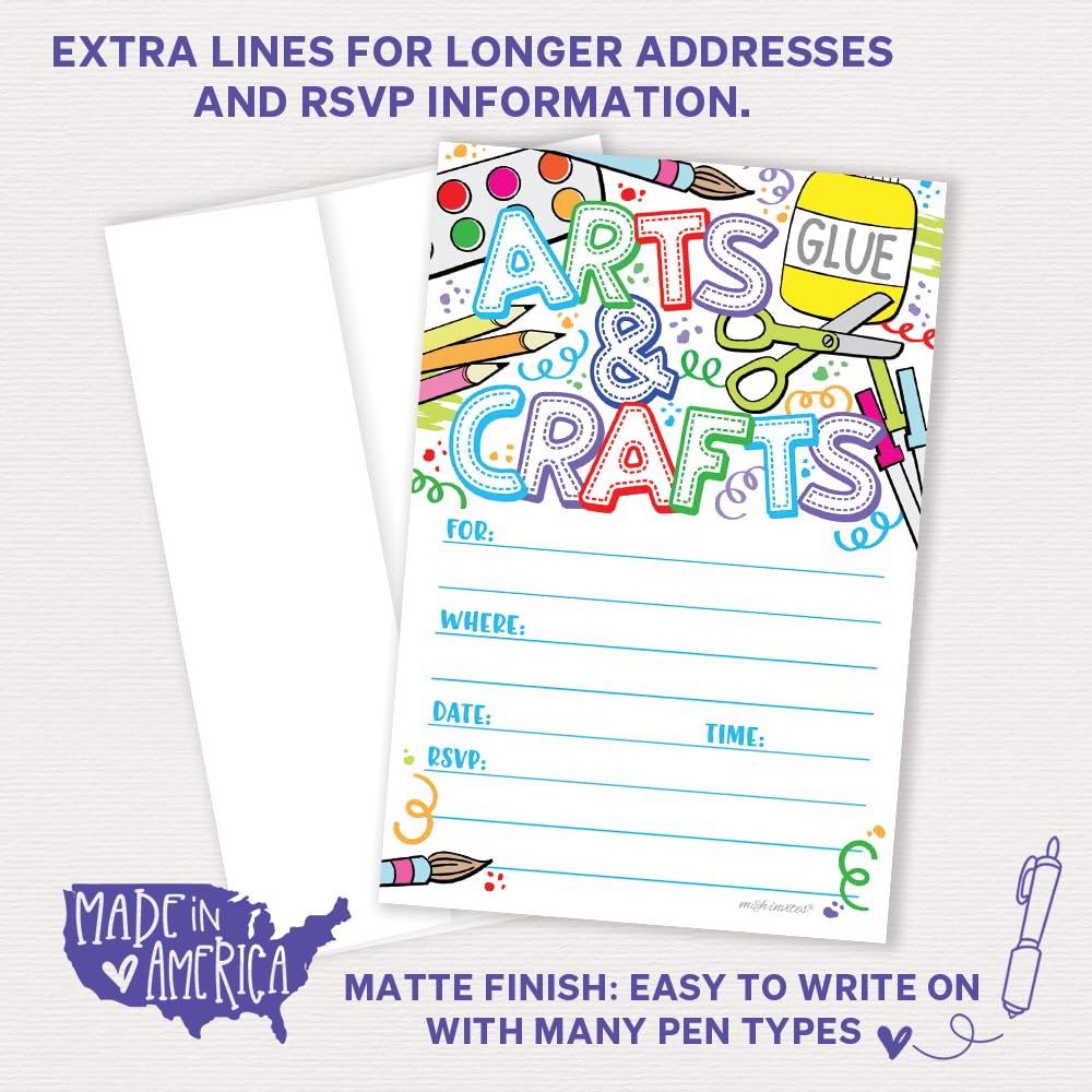 Arts & Crafts Invitations - Art Birthday Party - 4x6 Invites (20 Count) With Envelopes - Craft Party, Art Party or Paining Party Invitations