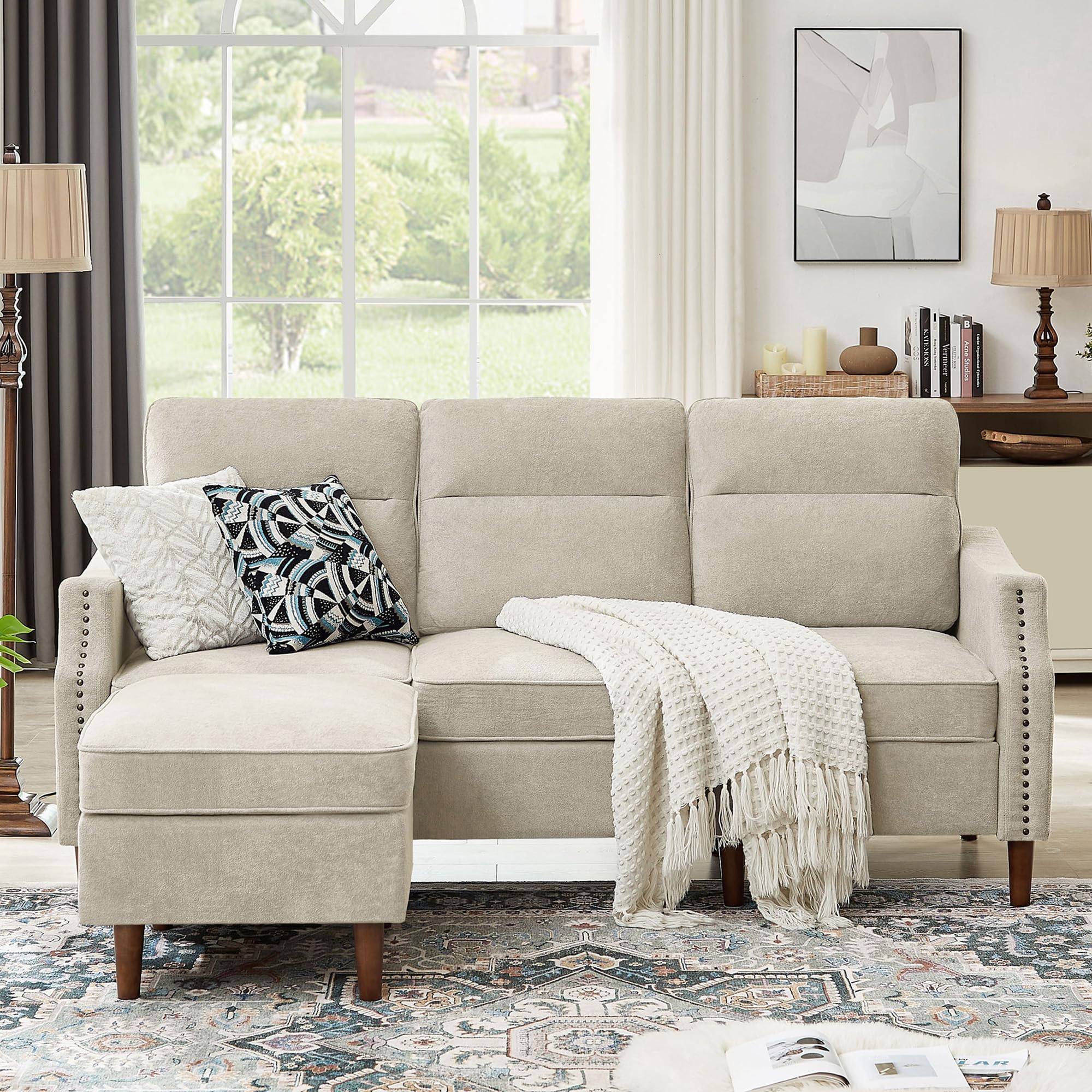 78" Convertible Sectional Sofa Couch, Modern 3 Seat L-Shaped Sofa with with Reversible Chaise and Storage Bags, Microfiber Small Couch for Small Apartments, Living Room and Office, Light Grey