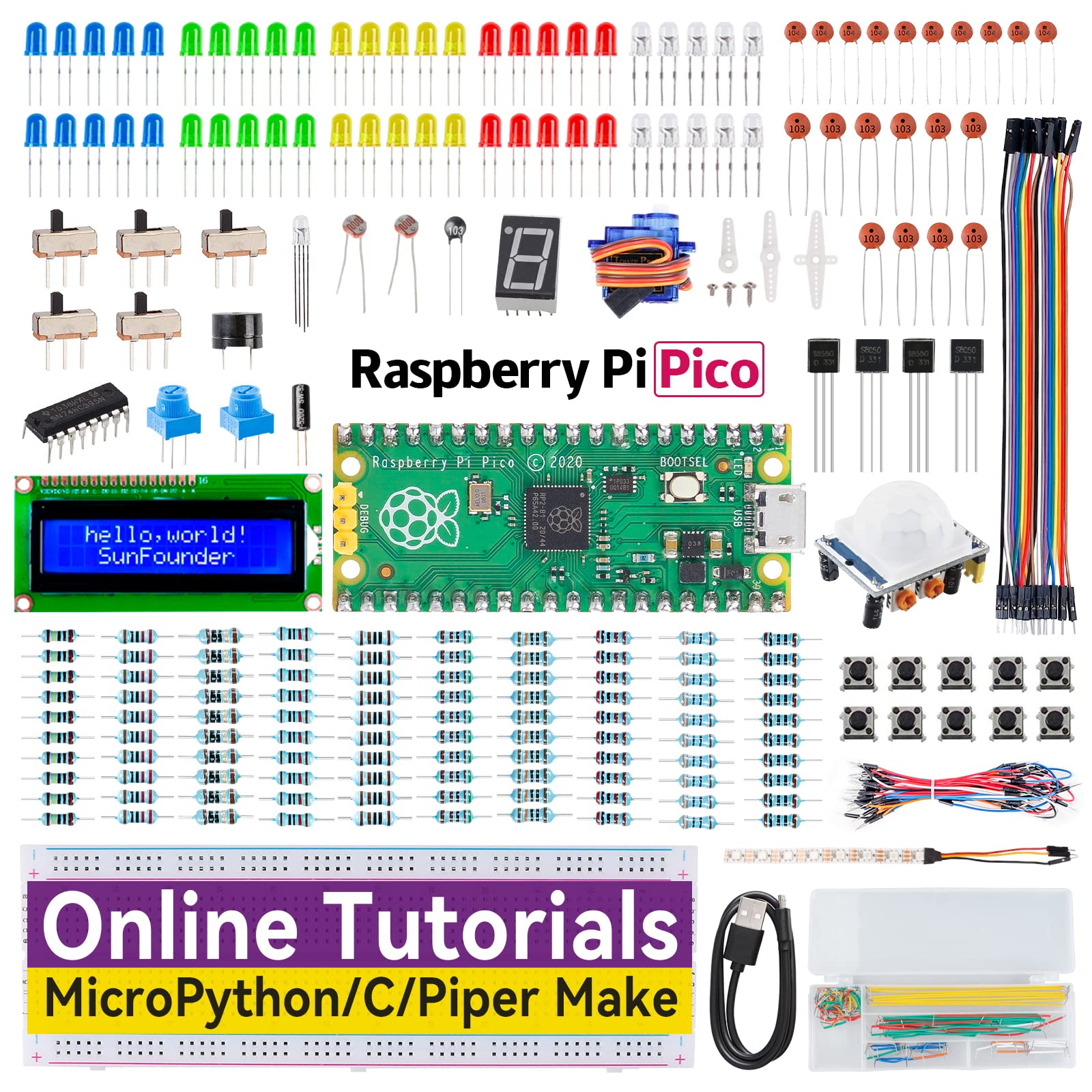 SunFounder Starter Kit for Raspberry Pi Pico with 40 Projects Online Tutorials, MicroPython C Piper Make Code, One-Stop Learning Electronics and Programming for Raspberry Pi Arduino Beginners Experts