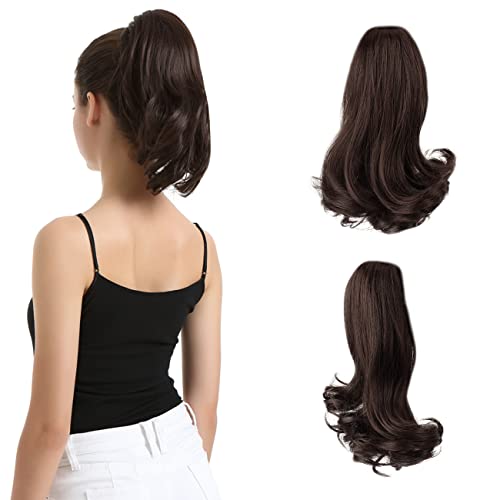 BARSDAR 10 Inch Claw Clip in Ponytail Hair Extensions Hair Piece Short Curly Synthetic for Girls Women (Darkest Brown mix Dark Auburn Evenly)