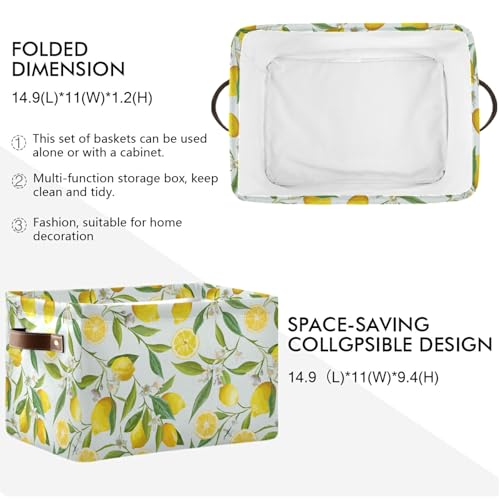 MNSRUU Storage Basket Lemon Floral Collapsible Organizer Basket with PU Handles, Waterproof Nursery Laundry Basket Kids' Toy Storage Basket,2 Pack