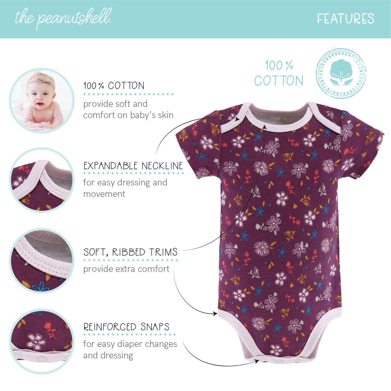 The Peanutshell Short Sleeve Baby Bodysuits Set for Baby Girls - Cheetah, Pink, Floral Maroon - 5 Pack Set… (Newborn)