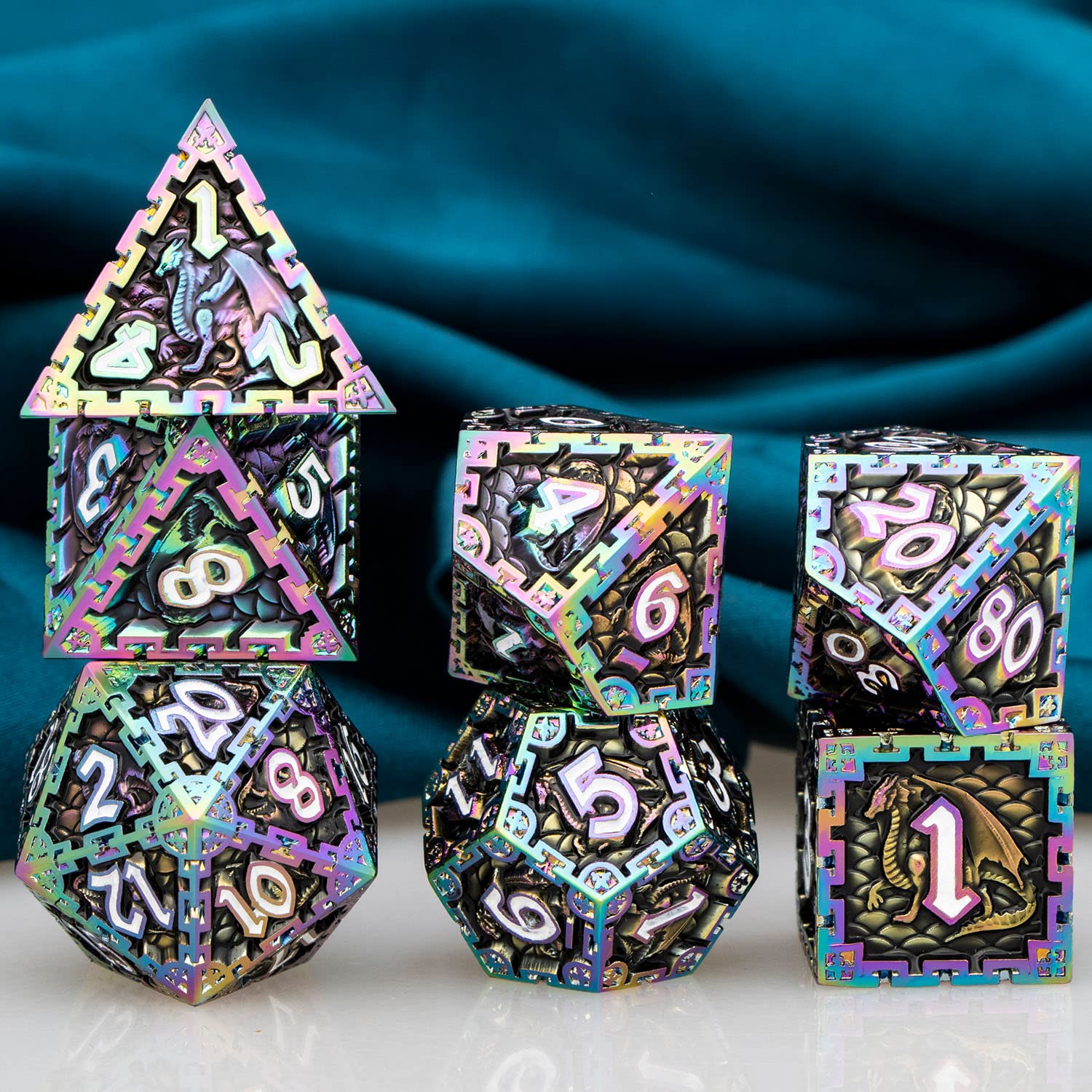 ARUOHHA Metal D&D Dice Set Dragon Design DND Rainbow Dice with Gift Box, D + D 7pcs Large Polyhedral Dice for Dungeons and Dragons RPG Role Playing Games Handmade D and D Dice D20 D12 D10 D8 D6 D4