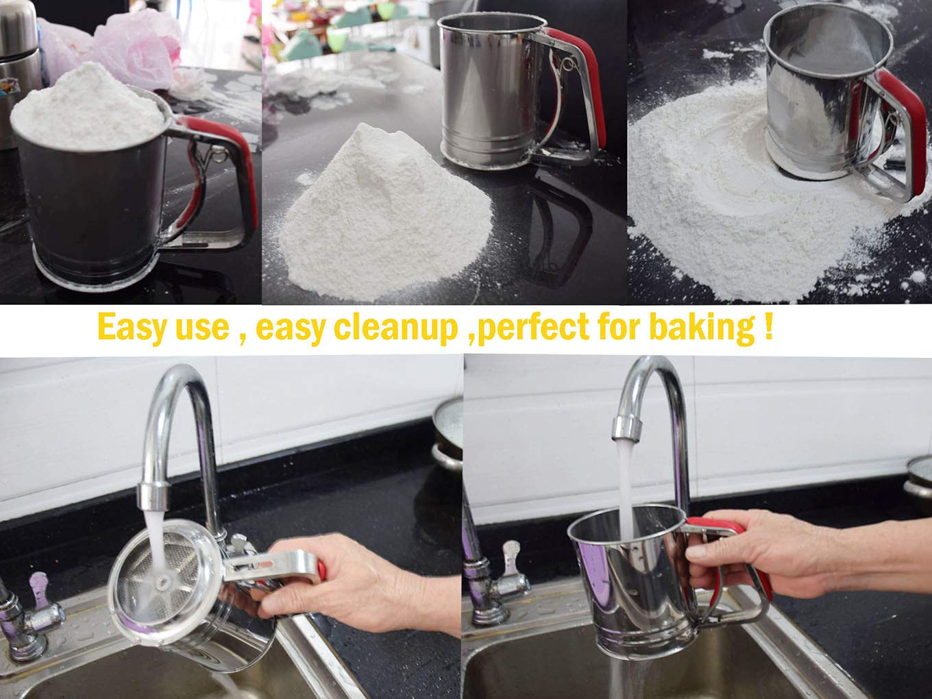 3-Cup Stainless Steel Flour Sifter,Squeeze Sifter for Baking with Compatable Silicone Handle (Green)