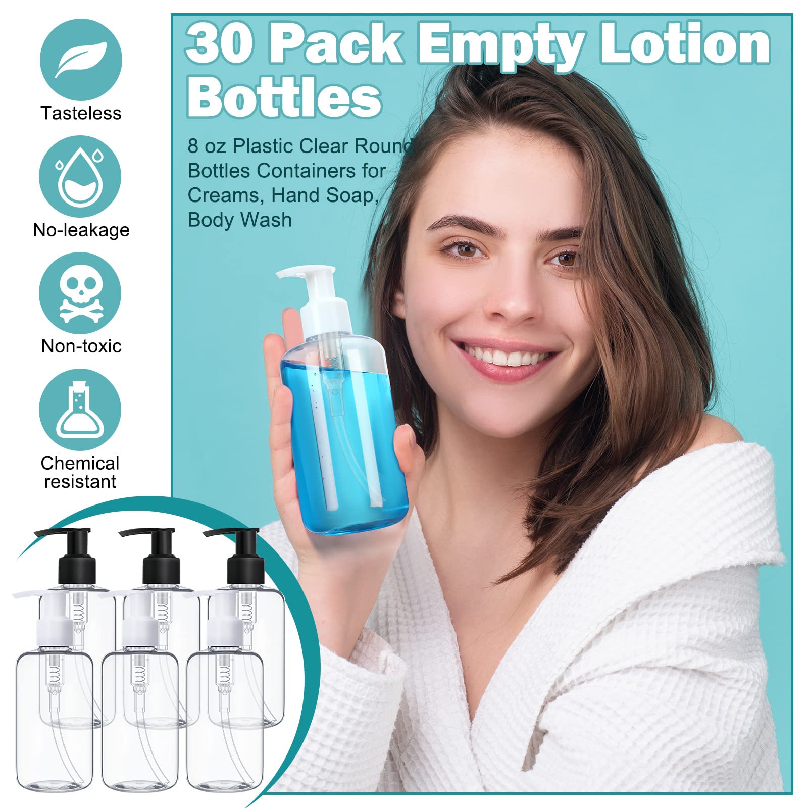 30 Pieces 8 oz Clear Plastic Pump Bottle Dispenser Empty Lotion Bottles Hand Dish Dispenser Refillable Container Black White Pumping for Shampoo Conditioner Body Wash Cream Liquid Soap