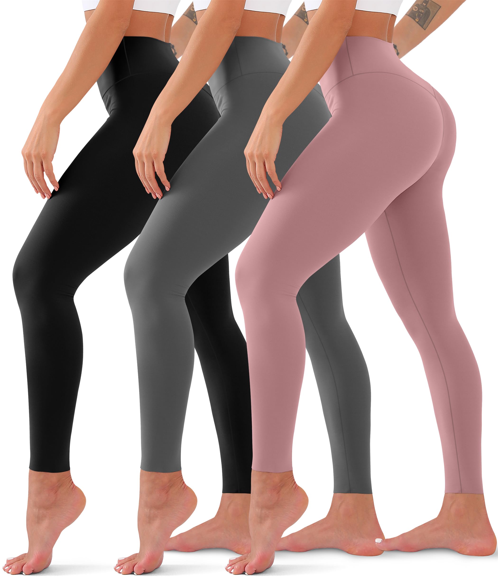 3 Pack High Waisted Leggings for Women No See Through Yoga Pants Tummy Control Leggings for Workout Running Buttery Soft (Black/Grey/Pink, 2XL)