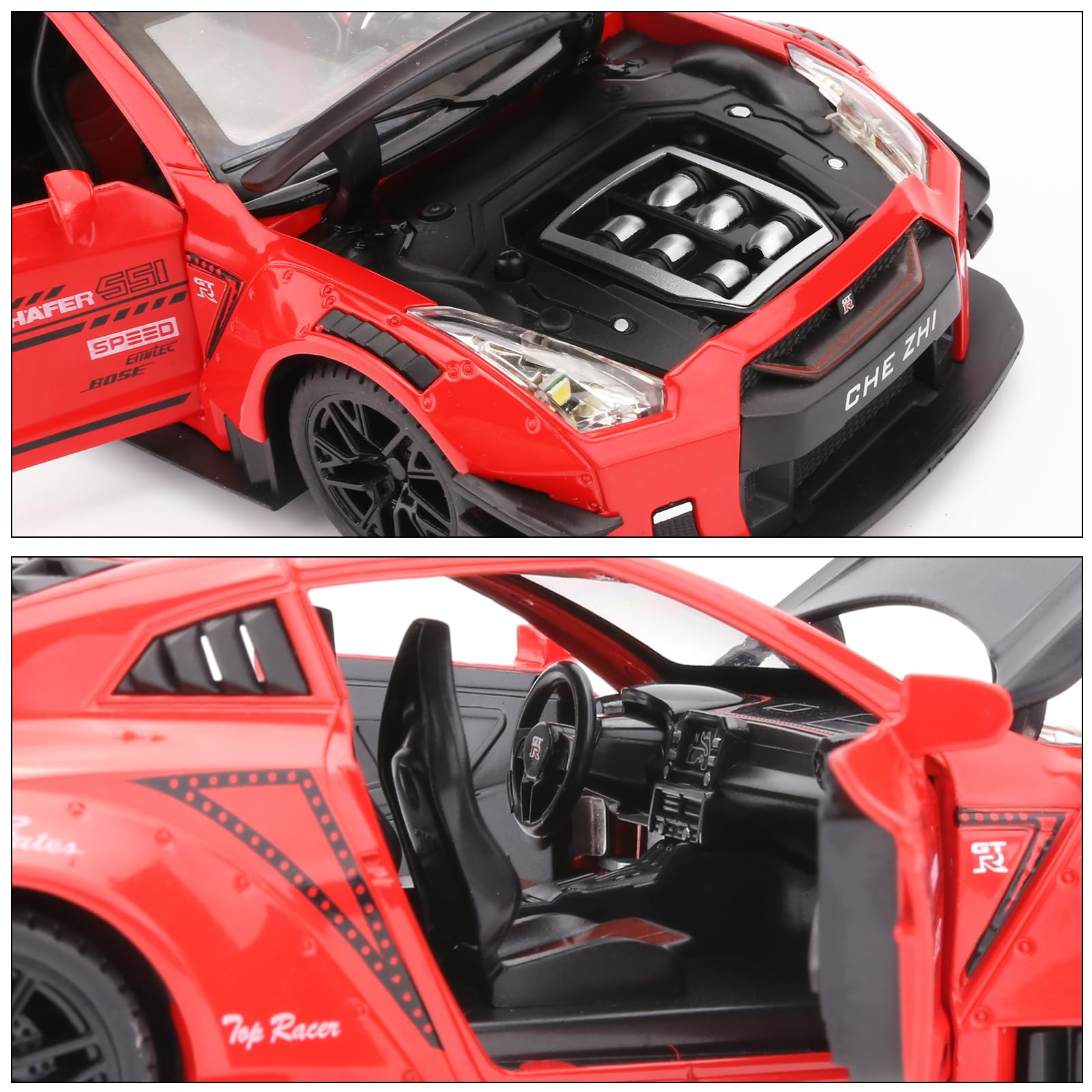 BDTCTK 1/24 Scale Compatible for Nissan GTR Model Car Toy, Zinc Alloy Pull Back Toy car with Sound and Light for Kids Boy Girl Gift (Black)
