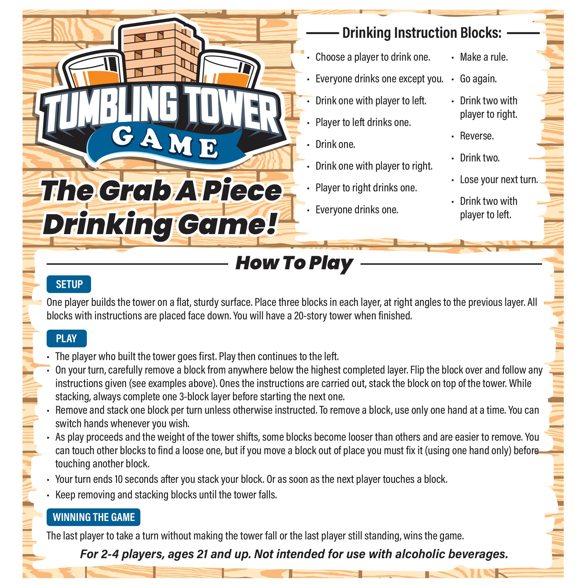 ArtCreativity Tumbling Tower Drinking Game, Drinking Game with 4 Glasses and 60 Wooden Blocks with Challenges, Fun House Party Games for Game Night, Great Gift Idea