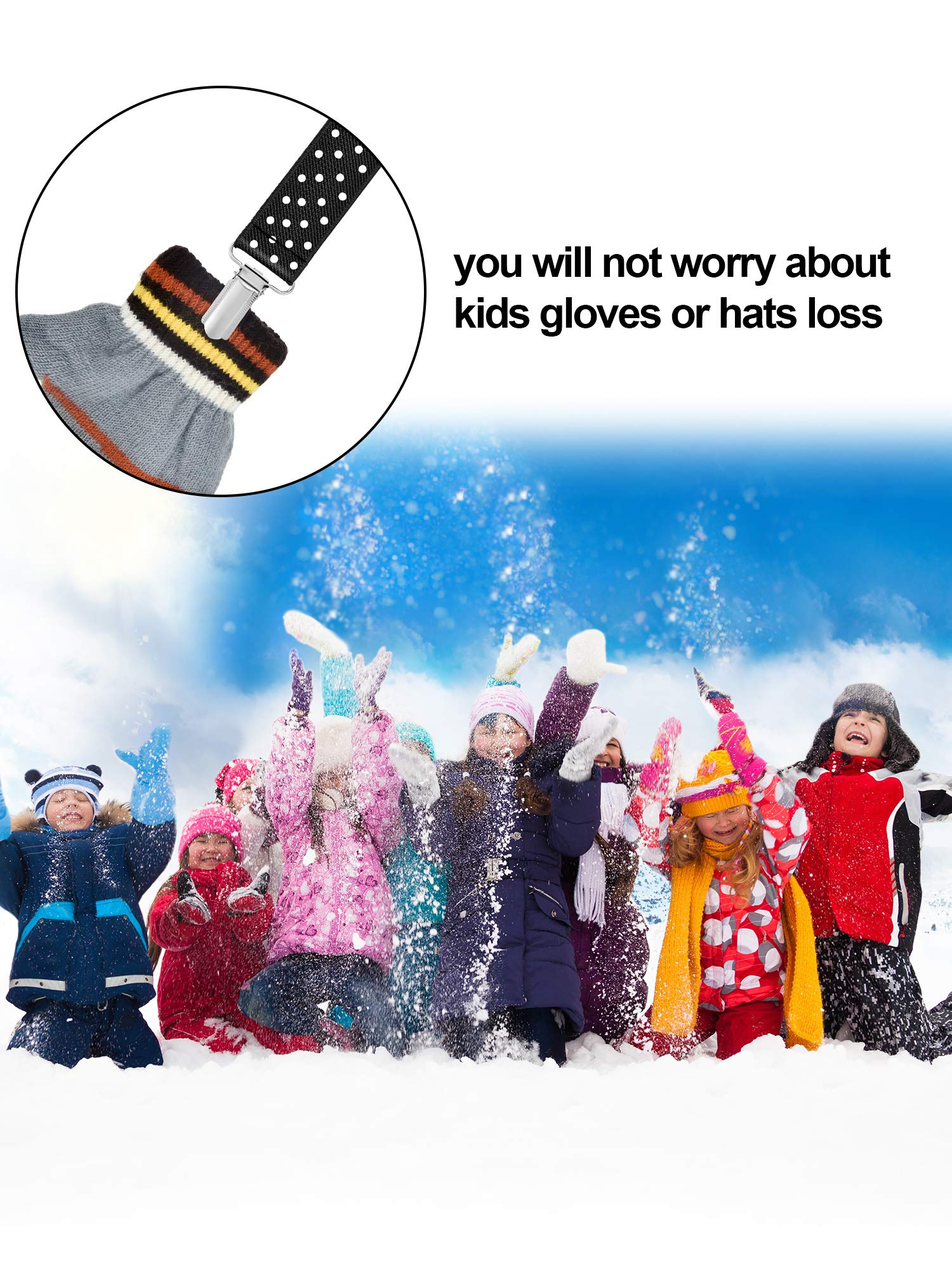 CHENGU 8 Pieces Mitten Clips Elastic Gloves Clips for Kids Stainless Steel Gloves Strap (black, dark blue,black with white dots and rose red)