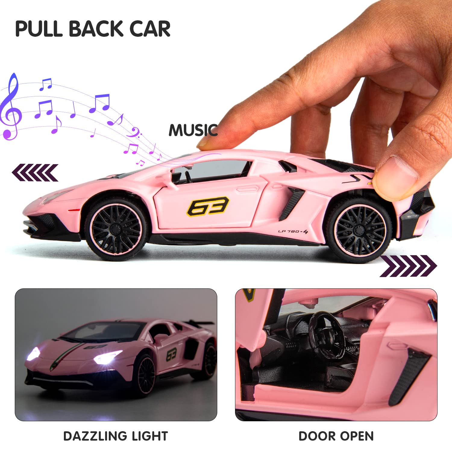 BDTCTK Compatible for 1:32 LP780 Model Car, Zinc Alloy Pull Back Toy Car with Sound and Light for Kids Boy Girl Black