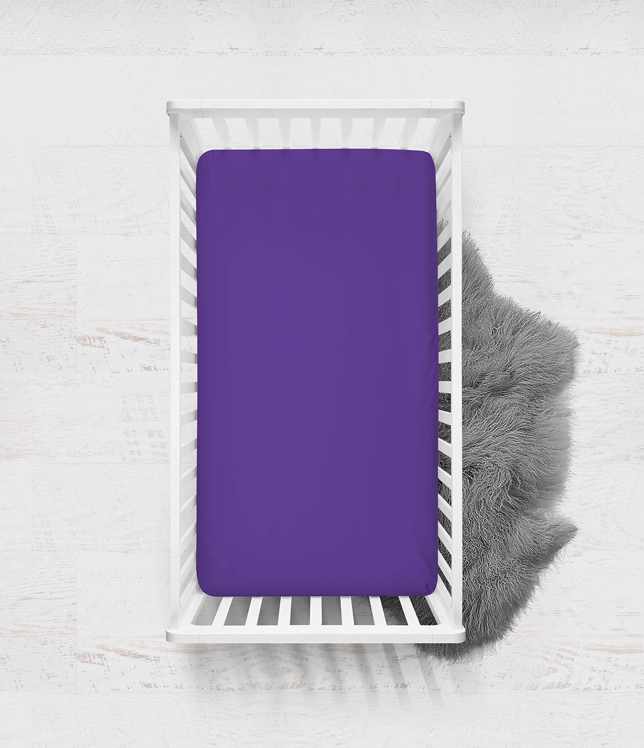 Bacati Solid Purple Fitted Crib Sheet 28" x 52", Soft Breathable Girls 100% Cotton Percale Sheet, Purple, for Girls, Fits US Standard Crib and Toddler Bed mattresses