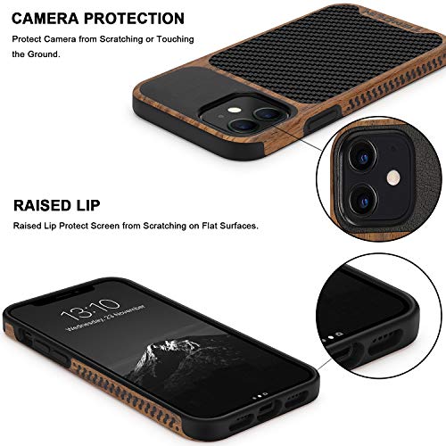 TENDLIN Compatible with iPhone 12 Mini Case Wood Grain with Carbon Fiber Texture Design Leather Hybrid Case