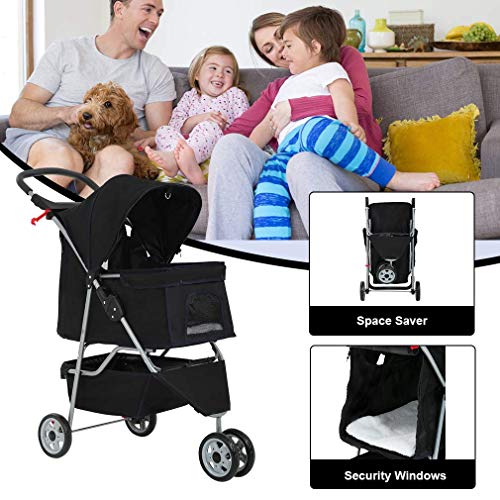 BestPet 3 Wheels Pet Stroller Dog Cat Cage Jogger Stroller for Medium Small Dogs Cats Travel Folding Carrier Waterproof Puppy Stroller with Cup Holder & Removable Liner,Black