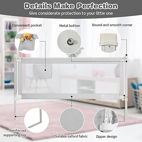 BABY JOY Bed Rail for Toddlers, 69ββ Extra Long, Height Adjustable & Foldable Baby Bed Rail Guard w/Storage Pocket & Double Safety Child Lock for Kids Twin Double Full Size Queen King Mattress (Gray)