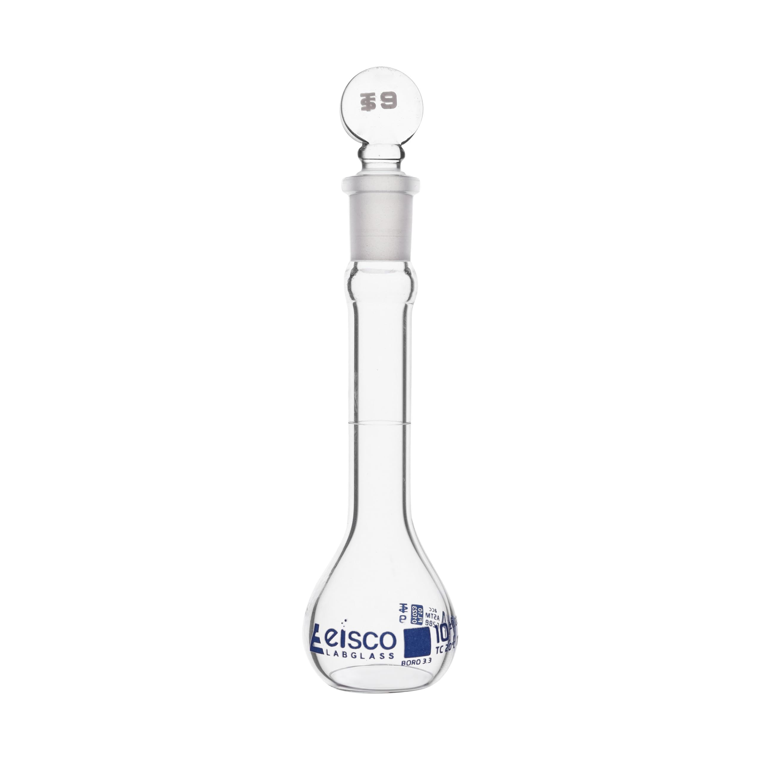 EISCO Volumetric Flask, 10ml - Class A, ASTM Tolerance ±0.020 ml Glass Stopper Single, Blue Graduation- Eisco Labs