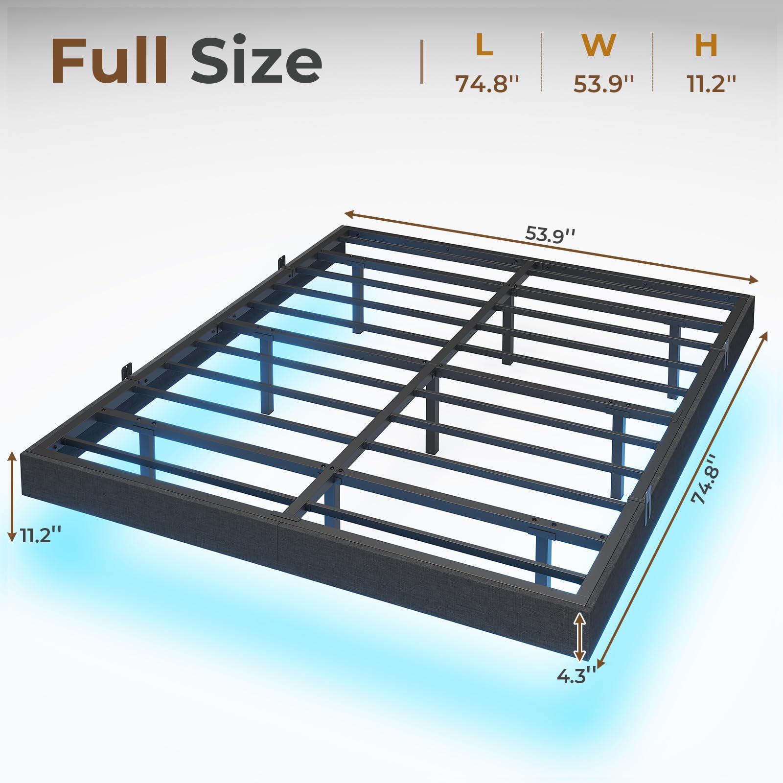 ADORNEVE Floating Bed Frame Full Size, LED Bed Frame Linen Upholstered Platform Bed with Underbed Storage Space, Heavy Steel Slats Support, No Box Spring Needed, Noise Free,Dark Grey
