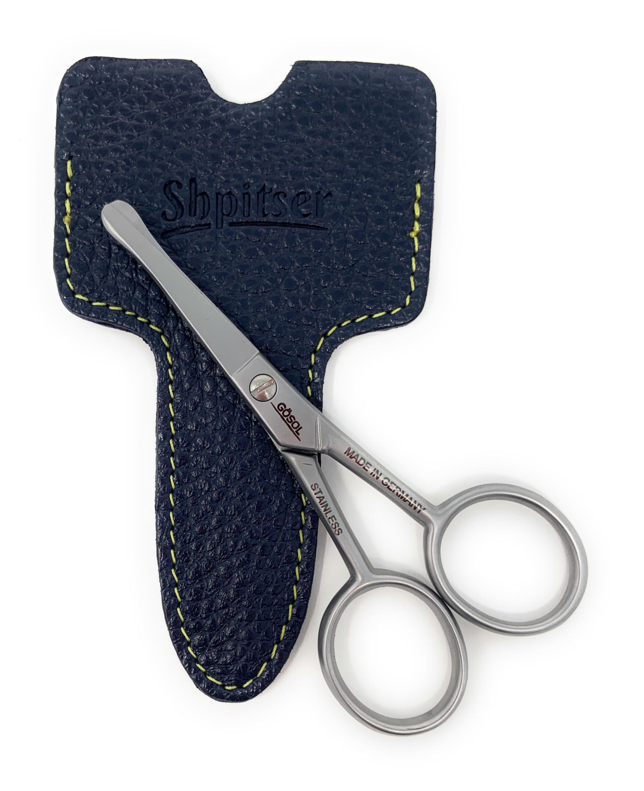 Solingen Nose & Ear Scissors - Stainless Steel Rounded Tip Scissors for Eyebrow, Nose Hair, Mustache and Beard - Made in Solingen & Germany by GÖSOL | Packed with Full Grain Leather Case