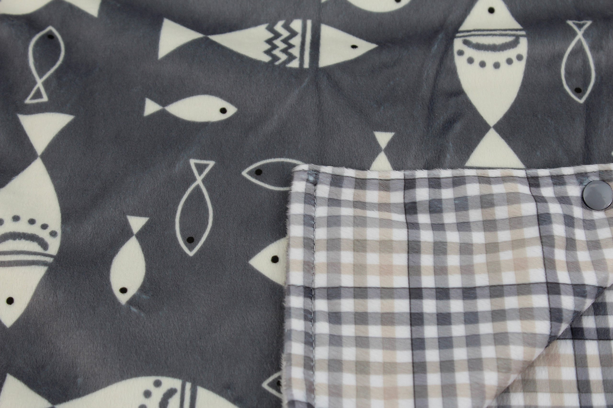 Dear Baby Gear Deluxe Reversible Car Seat Canopy, Custom Minky Print, Fish on Grey/Grey Tan Plaid