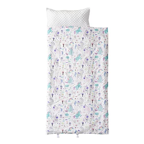 Bunnikins & Clover Toddler Nap Mat with Removable Pillow, Cotton Nap Mats for Preschool, Easy Clean Toddler Nap Pad for Kindergarten, Kids Sleeping Bag for Travel Camping