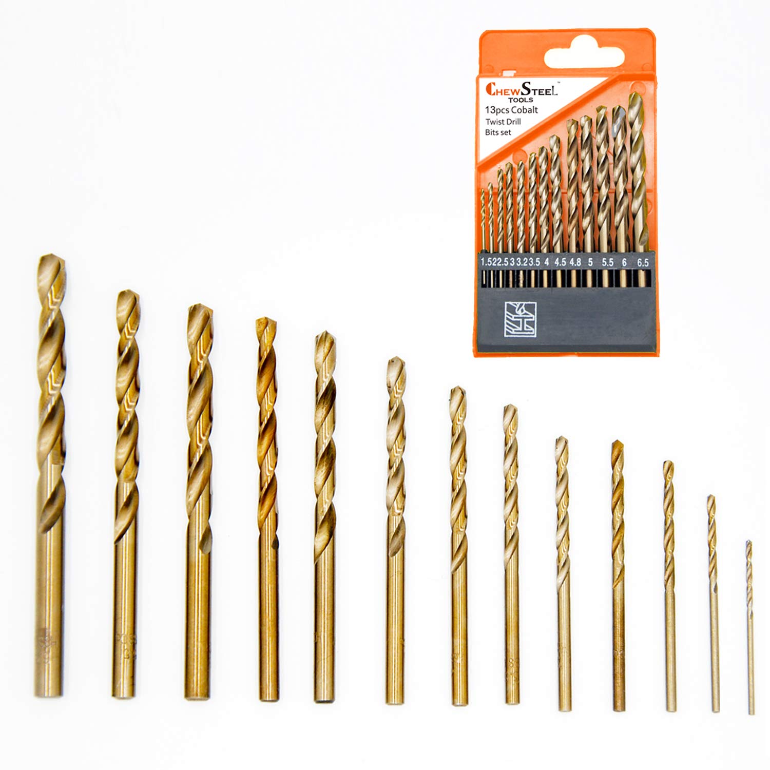 CHEW STEEL TOOLS Metric M35 Cobalt Steel Extremely Heat Resistant Twist Drill Bits with Straight Shank Set of 13pcs to Cut Through Hard Metals Such as Stainless Steel and Cast Iron