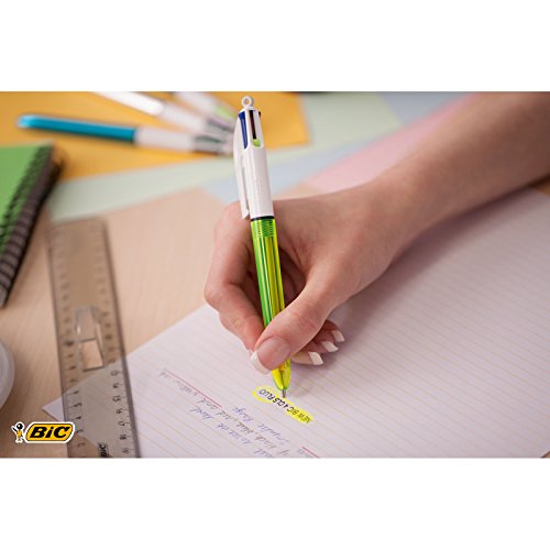 BIC 4 Colours Fluo Ballpoint Pen Black, Blue, Red and Fluorescent Yellow Ink Colours 1 Pack