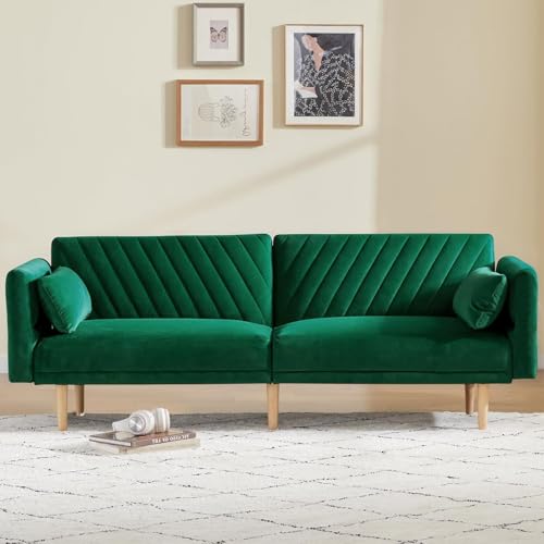 78''Futon Sofa Bed, Velvet Sofa Bed, Convertible Sleeper Bed with Adjustable Armrests and Backrest, Modern Sofa, Loveseat Sleeper with 2 Pillows, Small Futon Couch for Living Room (Matcha Green)