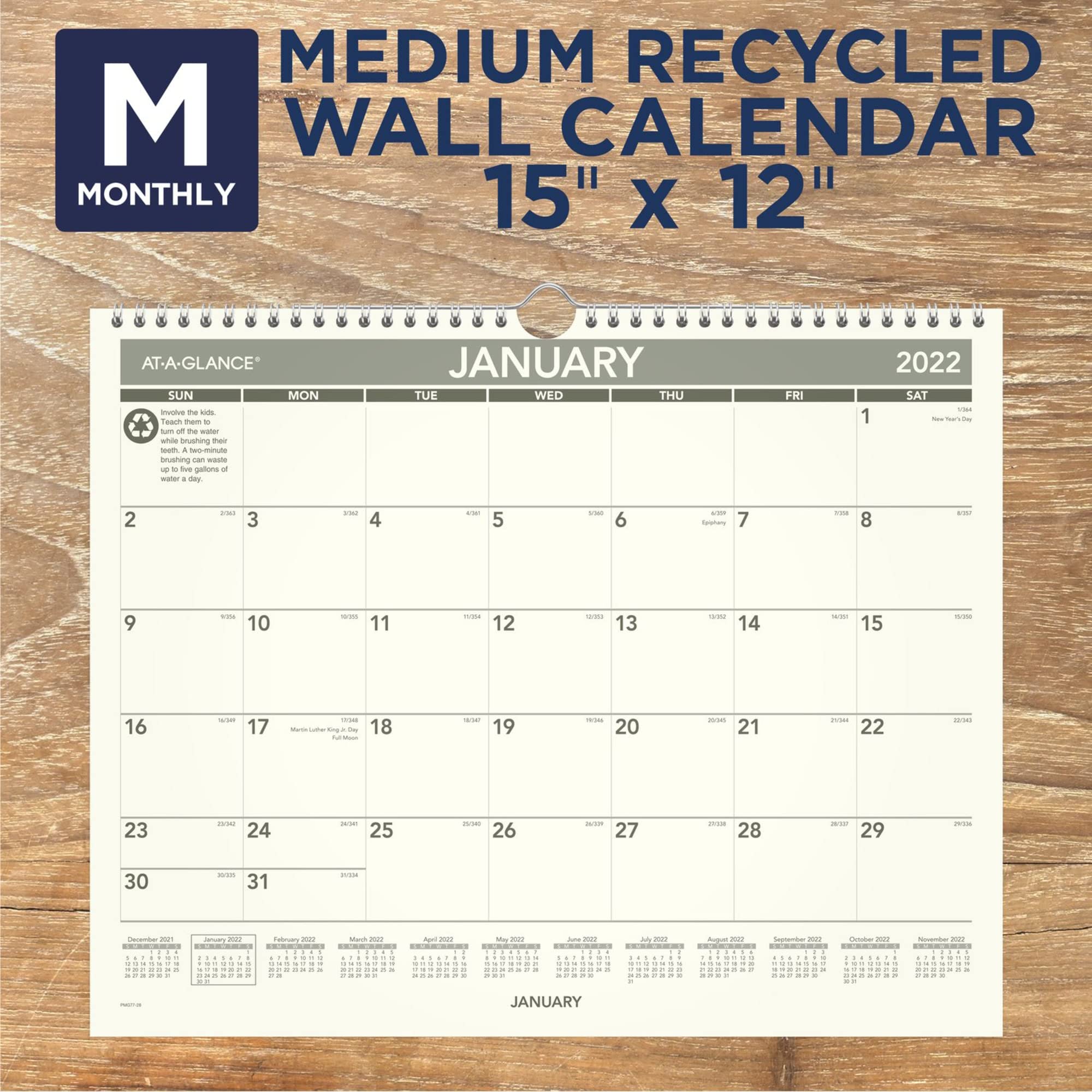 2022 Wall Calendar by AT-A-GLANCE, 14 7/8" X 11 7/8", Medium, Monthly, Recycled (PMG7728)