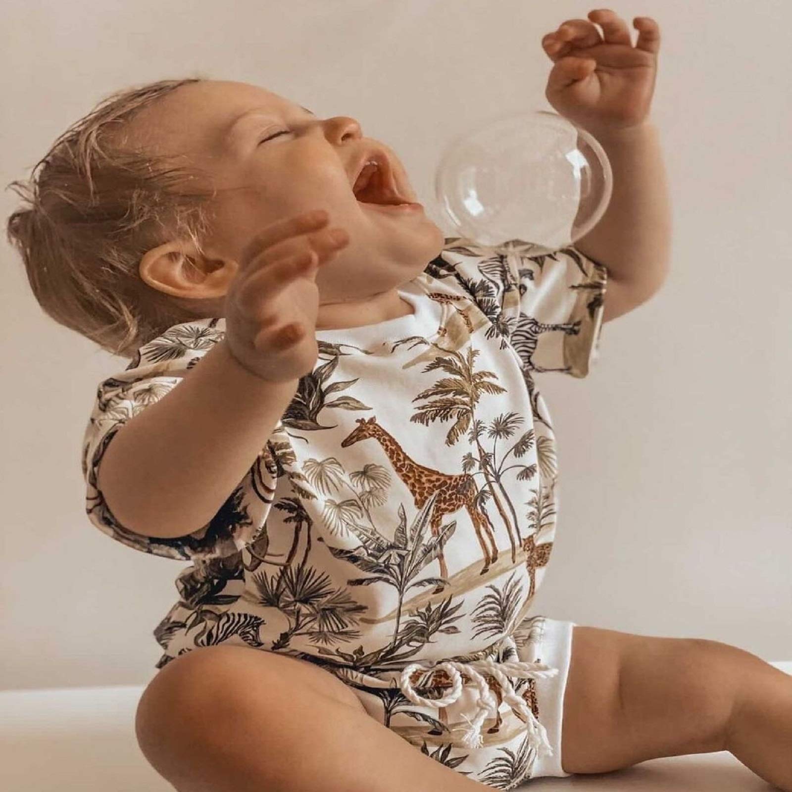 Toddler Baby Boys Summer Clothing Sets Forest Animal Print Romper Short Sleeve Bodysuit Tops and Shorts 2PCS Outfit (White, 12-18M)
