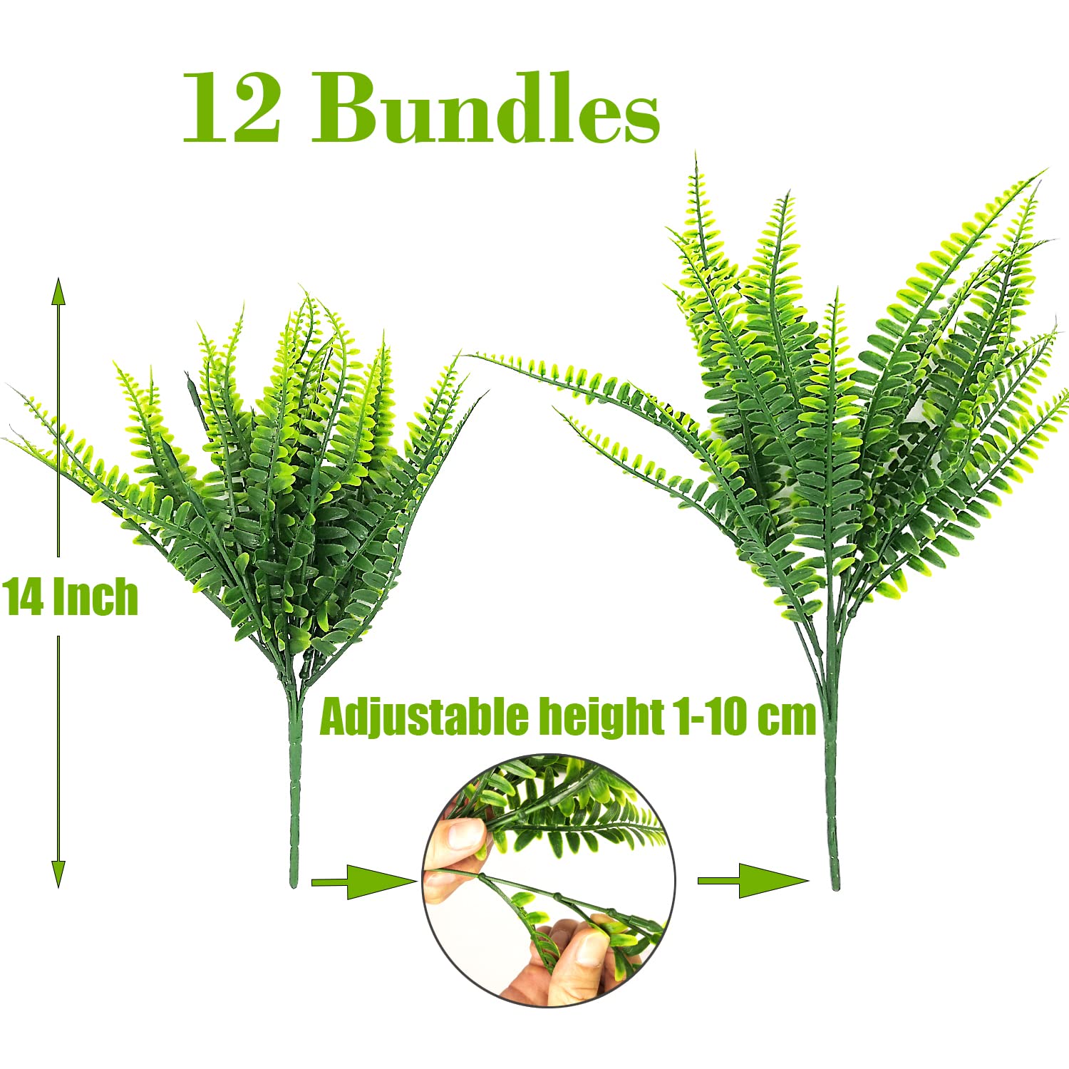 Artificial Plants, 12 Bundles Fake Boston Fern Greenery Outdoor UV Resistant Plastic Flowers Indoor Outside Hanging Planter Home Garden Decor