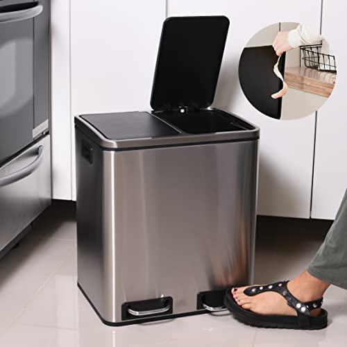 AWENN - Dual Kitchen Garbage Trash Can with Lid and Pedal - Touchless Round Shape Waste Bin - Stainless Steel Dustbin for Kitchen, Bathroom, Office and Outdoors β Black (7.9 Gallon β 30 Liters)