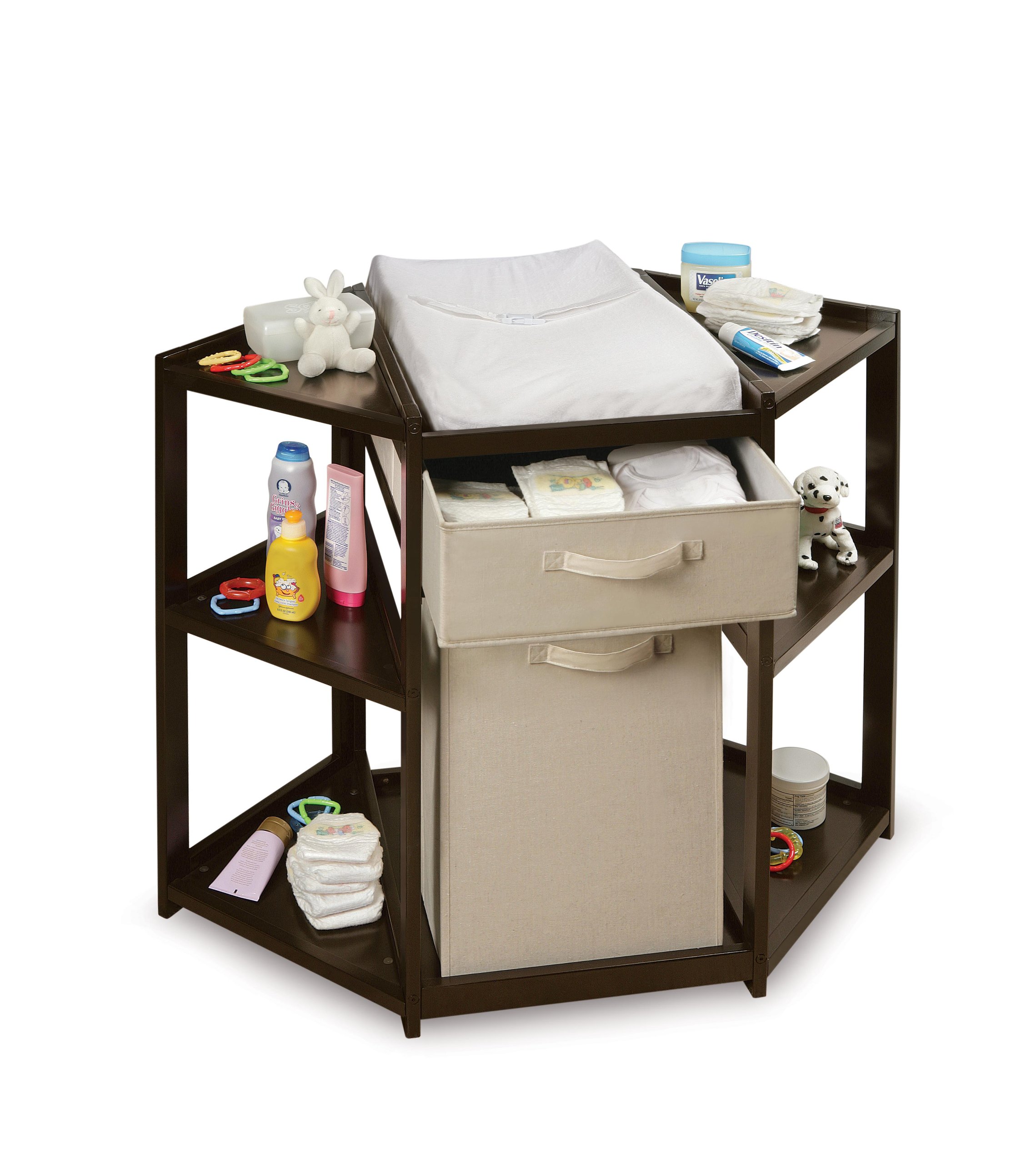 Badger Basket Corner Diaper Changing Table with Laundry Hamper, Storage Bin, and Contoured Pad for Baby - Espresso