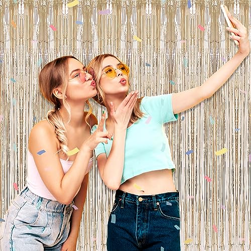 6 Pack Champagne Gold Foil Fringe Curtain Backdrop, 3.28Ft x 8.2Ft Metallic Tinsel Foil Fringe Streamer Curtains for Photo Booth, Halloween, Christmas, Birthday, Wedding Party Decorations