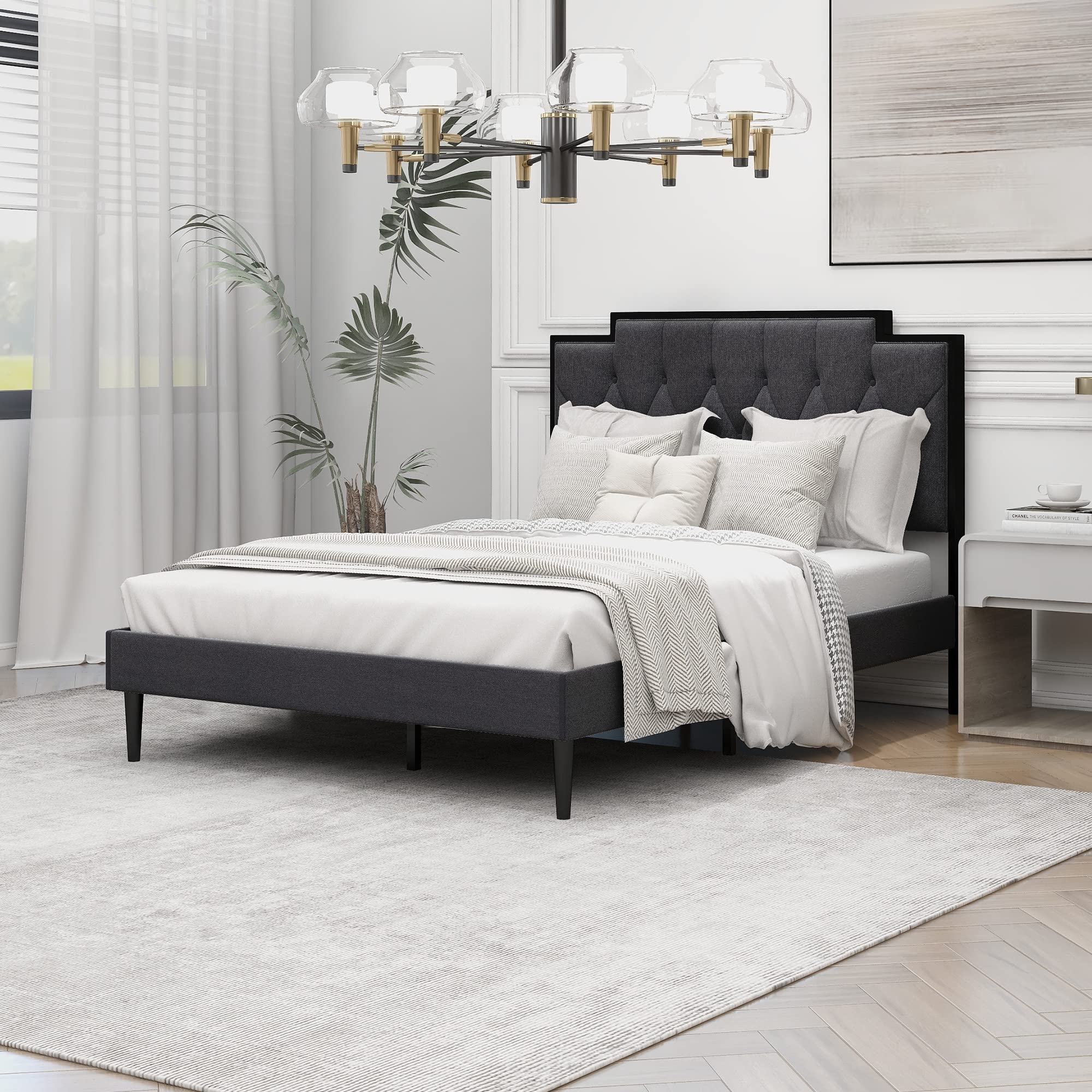 AGARTT Upholstered Platform Full Size Bed Frame with Headboard Premium Stable Wood Slat Support No Box Spring Required Black