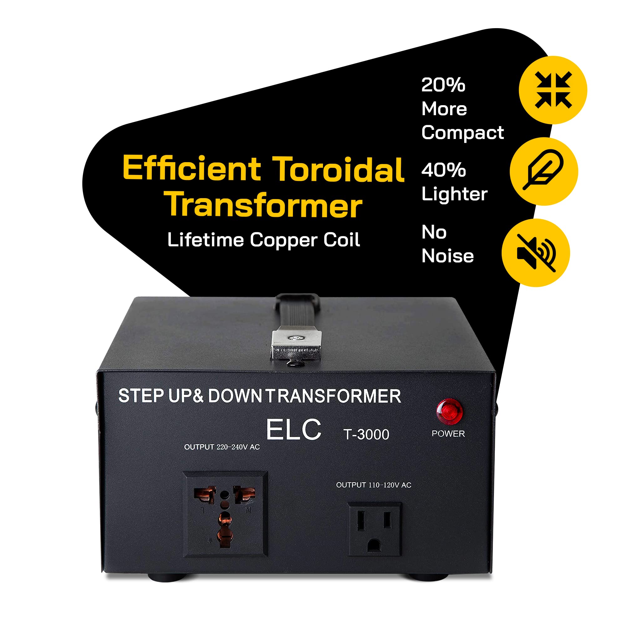 ELC T Series 3000+ Watt Voltage Converter Transformer - Step Up/Down - 110v to 220v / 220v to 110v Power Converter - Circuit Breaker Protection, CE Certified [3-Years Warranty]