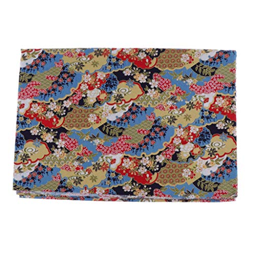 LoveinDIY Cotton Fabric Yard Sewing Patchwork Fabric Japanese Kimono Printed Fabric, Japanese Traditional pattarn, for Your Hand Making, Blue Flowers
