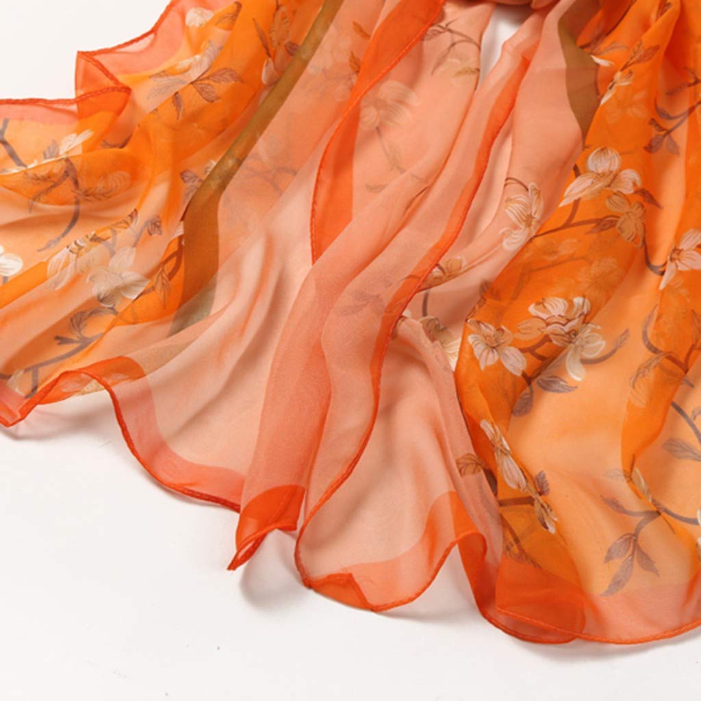 160 * 50cm Women Flower Print Long Soft Wrap Scarf Simulation Silk Shawl Scarves Large Silk Scarf (Orange, One Size)
