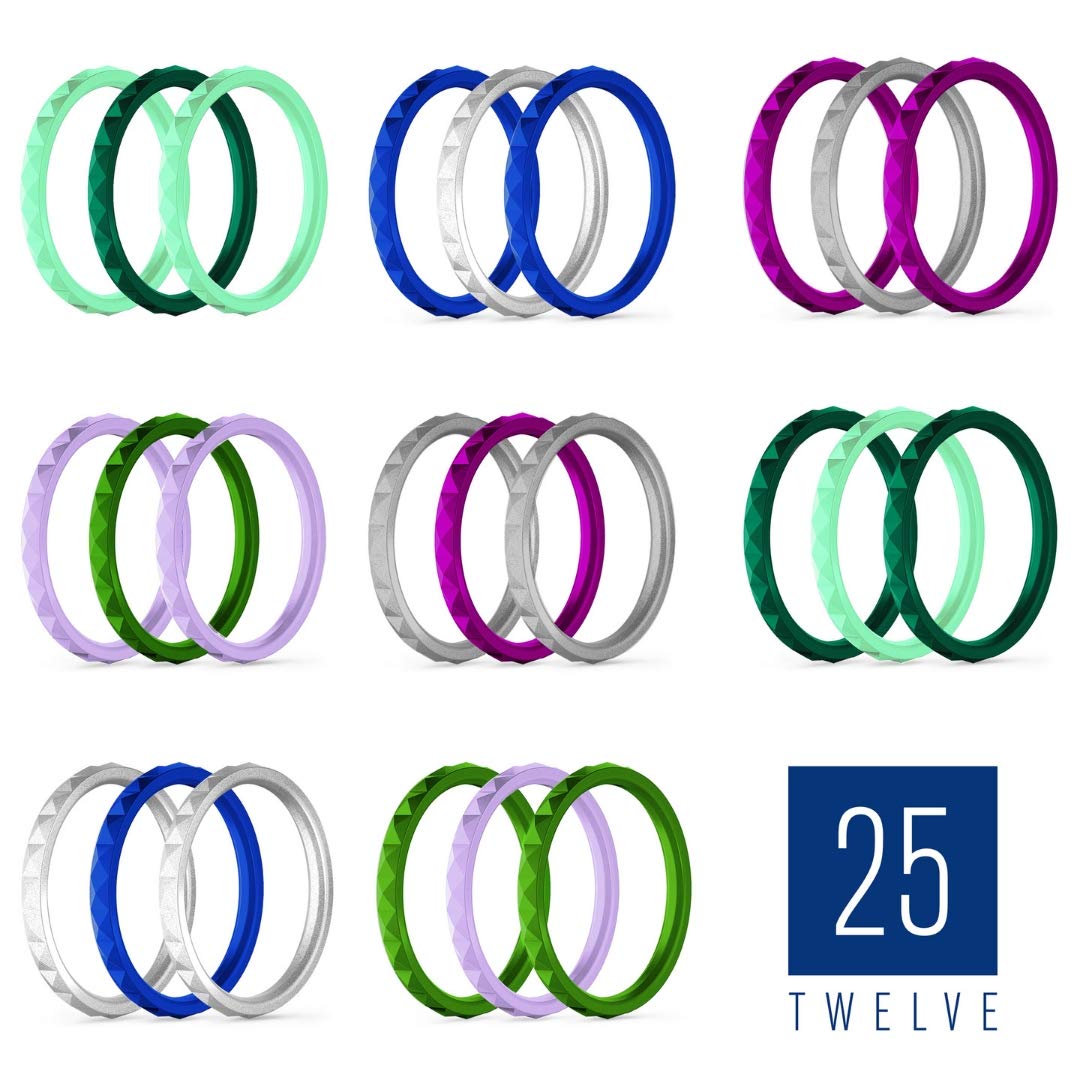 25Twelve Womens Silicone Wedding Ring - Sets of Vibrant Colors Fun to Mix and Match Rubber Wedding Bands for Women, 2 Wild Violet with 1Silver Maple, sz5