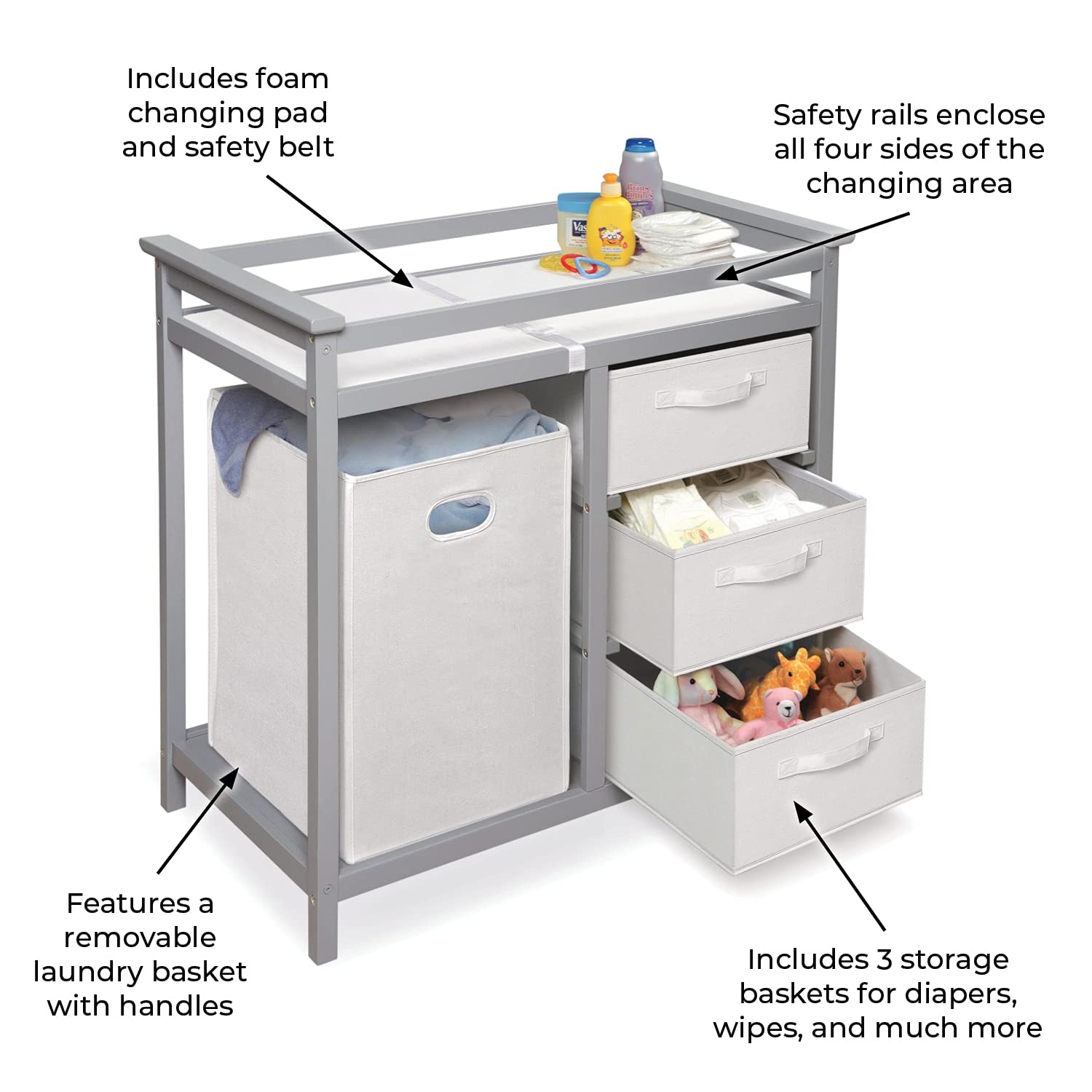 Badger Basket Modern Baby Changing Table with Laundry Hamper, 3 Storage Drawers and Pad, Diaper Change Station - Gray/White