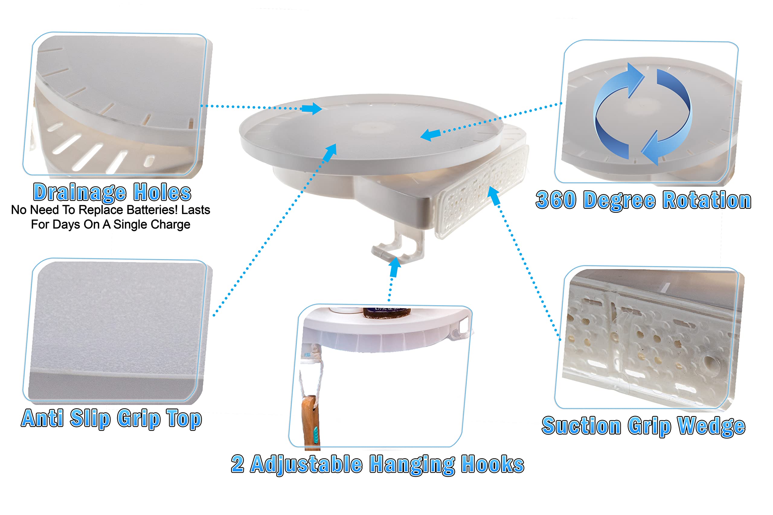 5 STAR SUPER DEALS Shower Corner Caddy Rotating Shelf - Tension Suction Cup Wedge Mount - Shower & Bathroom Storage Organizer- w/Drainage Holes & Hanging Hooks