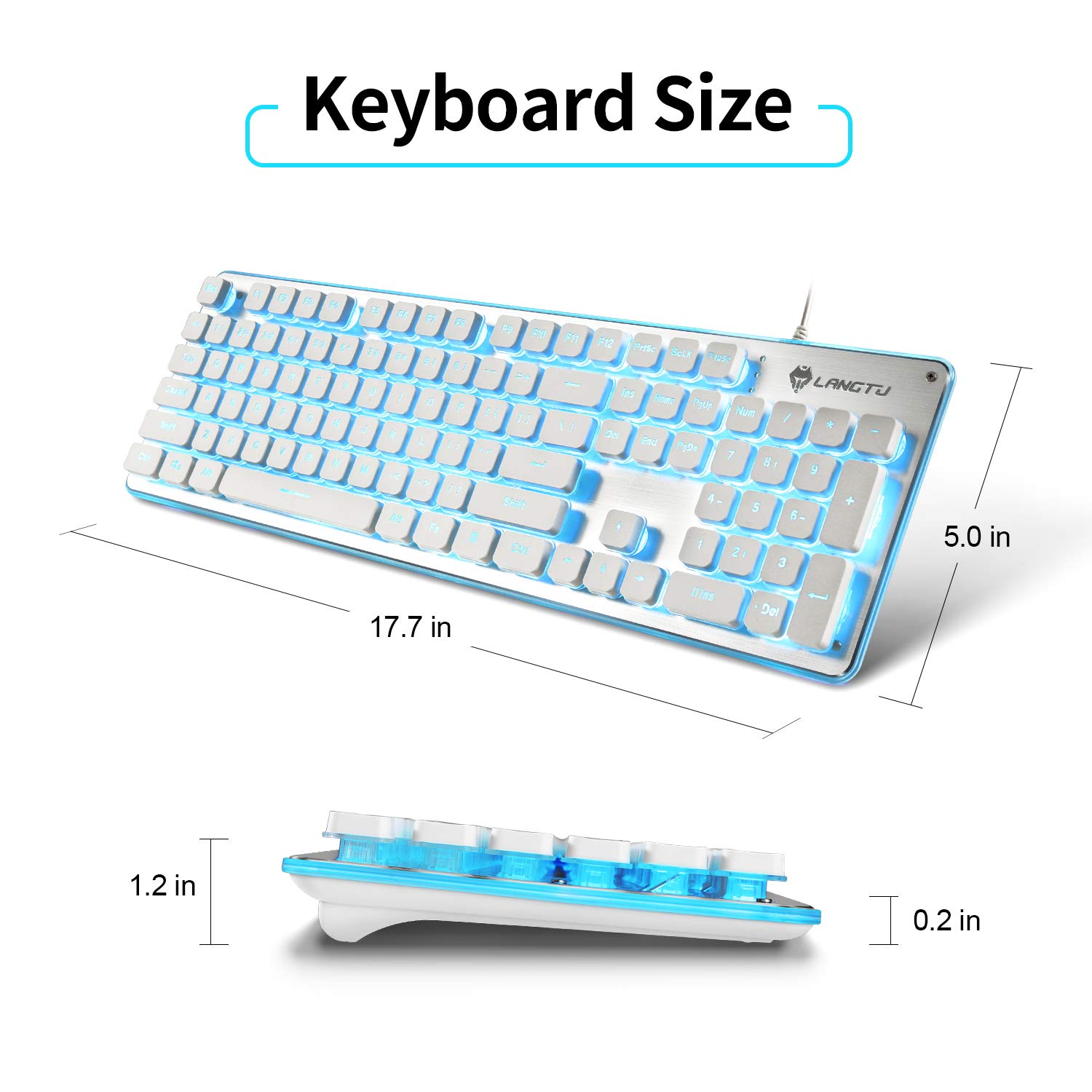 LANGTU LED Computer Keyboard, USB Wired Keyboard for Gaming and Office, All-Metal Panel 104 Keys Quiet Membrane Keyboard with Blue Backlit - L2 White/Silver