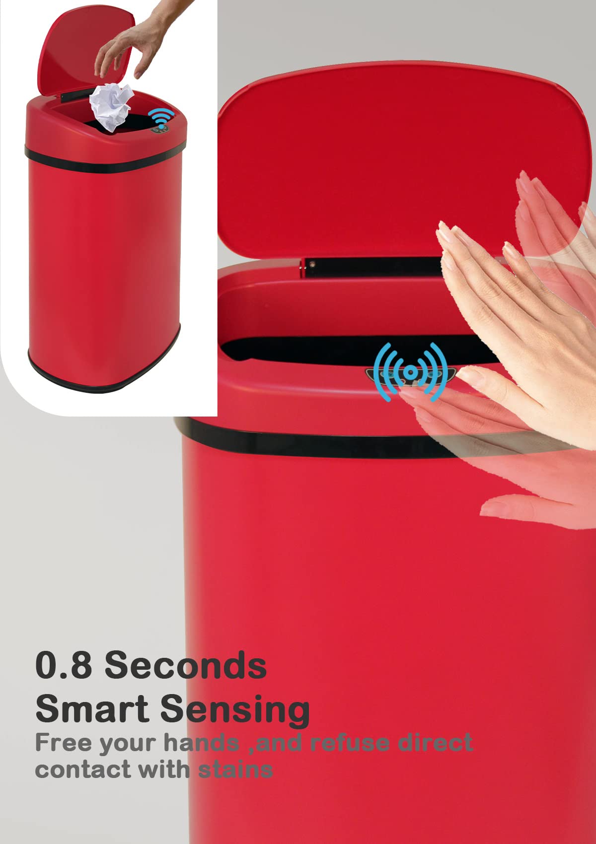 50 Liter Kitchen Trash Can with Lid Garbage Can 13 Gallon Tall Kitchen Automatic Trash Can Motion Sensor Trash Can, Stainless Steel Garbage Can Trash Bin Anti-Fingerprint, Soft-Close Lid (Red)