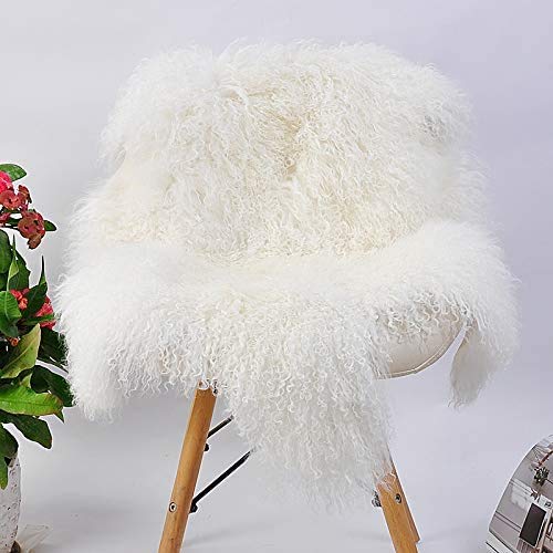 Genuine Tibetan Mongolian Sheepskin Area Rugs Long Wool Curly Fur Hide Pelt Mat Carpet Throw for Bedroom, Living Room,Home Décor 2'x3'