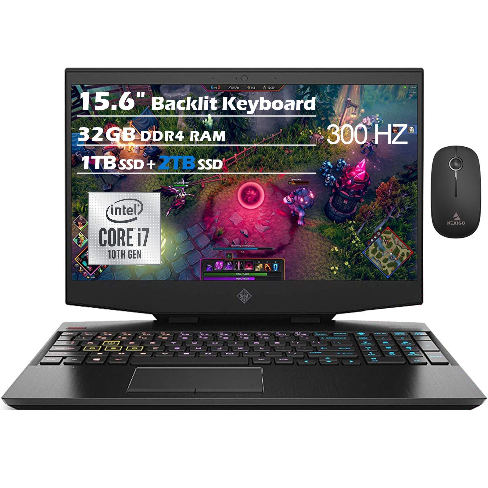 HP OMEN 15.6 Inch 300Hz FHD 1080P Gaming Laptop, Intel Core i7-10750H up to 5.0GHz, RTX 2070 Max-Q 8GB, Backlit KB, 32GB RAM, 1TB PCIE SSD (Boot) + 2TB SSD, Win10 + NexiGo Wireless Mouse Bundle