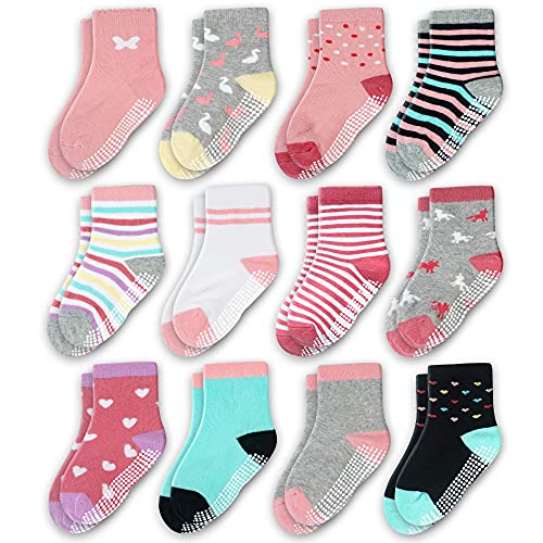 Evercute Toddler Girls Grip Socks 12 Pack Boys Non Slip Socks for Kids Anti Skid