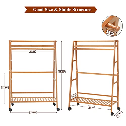 Azaeahom Bamboo Clothing Rack, Garment Coat Clothes Hanging Movable Duty Rack, 5-in-1 Shoe Hat Storage Organizer Shelves for Bedroom, Entrance, Home
