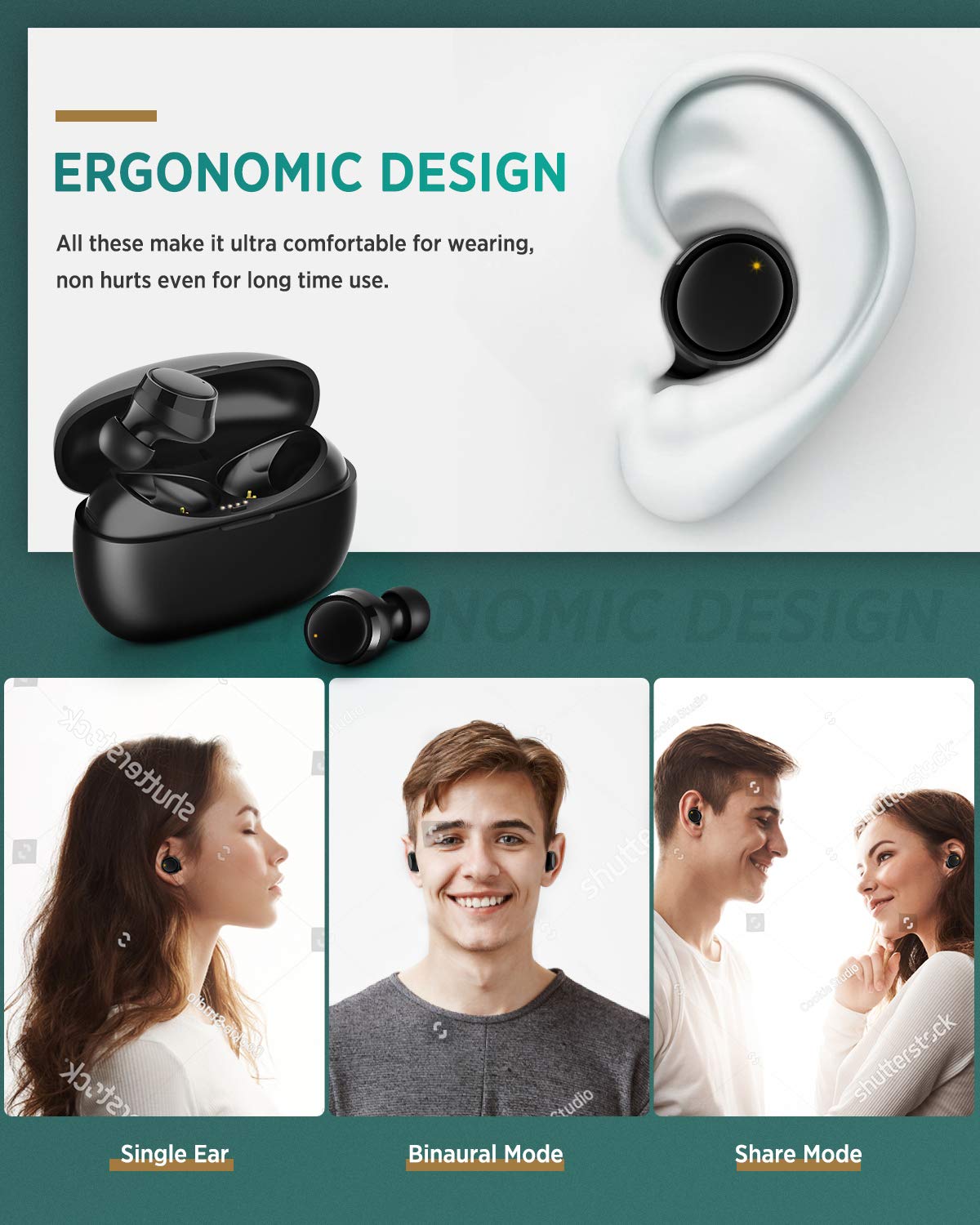 LASUNEY Bluetooth 5.0 True Wireless Earbuds with Charging Case, 60H Cyclic Playtime Waterproof Stereo Headphones with mic, in-Ear Earphones Headset for Sport