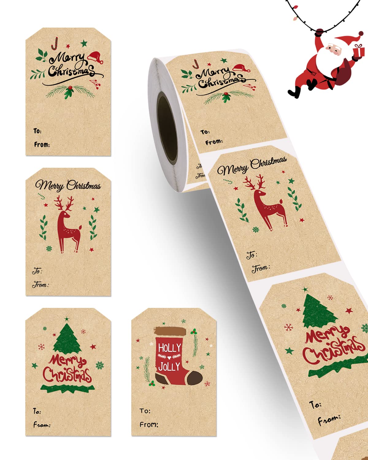 300 Pcs Self Adhesive Christmas Tag Stickers, 2 x 3 Inch Kraft Christmas Gift Tags Xmas Stickers, Decorative Stickers for Christmas Holiday Greeting Decoration, Envelopes Sealing, Gift Wraps