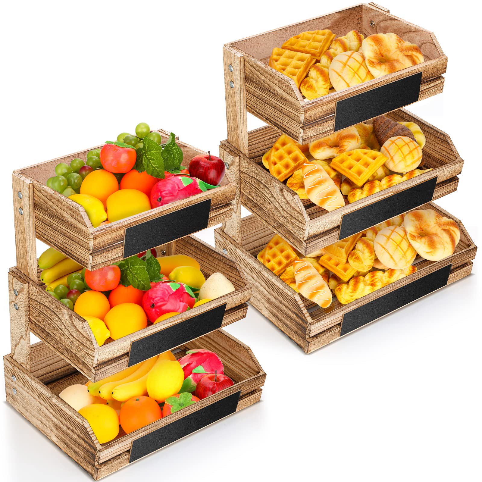 2 Pcs 3 Tier Fruit Basket for Kitchen Wooden Fruit Bowl Fruit Stand for Kitchen Countertop Heavy Duty Fruit and Vegetable Storage Holder for Fruit, Vegetables, Bread, Produce Home Storage and Display