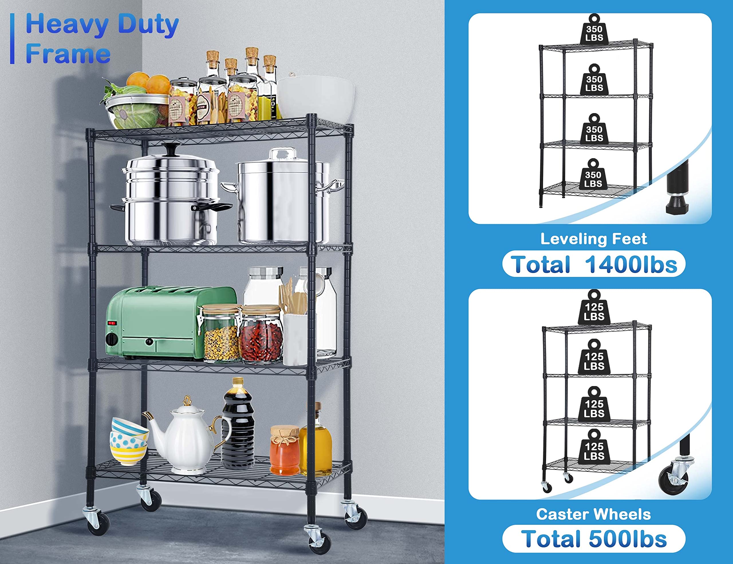 4-Tier Kitchen Storage Shelves Wire Shelving, Adjustable Storage Shelf Metal Storage Rack on Wheels, Shelf Unit Organizer for Kitchen Bread Microwave Oven Stand, 35.6"L x 14"W x 61.8"H, Black