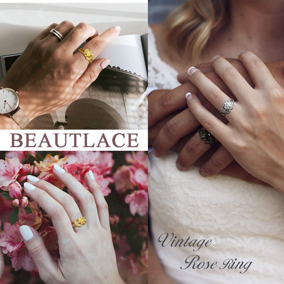 beautlace Rose Adjustable Rings Black Gun Plated Flower Open Ring Elegant Jewelry Gifts for Women KR0013K